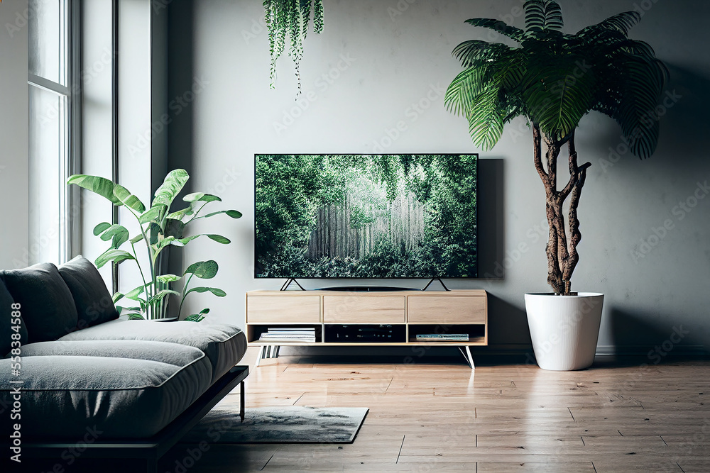 TV led mock up screen. 3D Smart TV on a wall in an empty interior ...