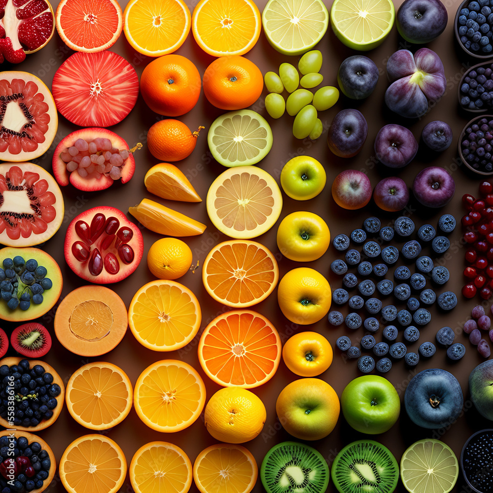 lay flat overhead view of lots of colourful fruits. Generative ai Stock ...