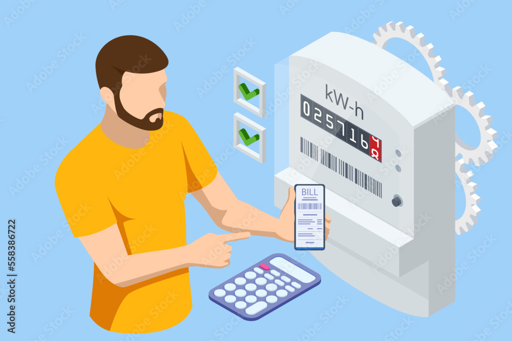 Isometric invoice and electricity meter. Utility bills payment ...
