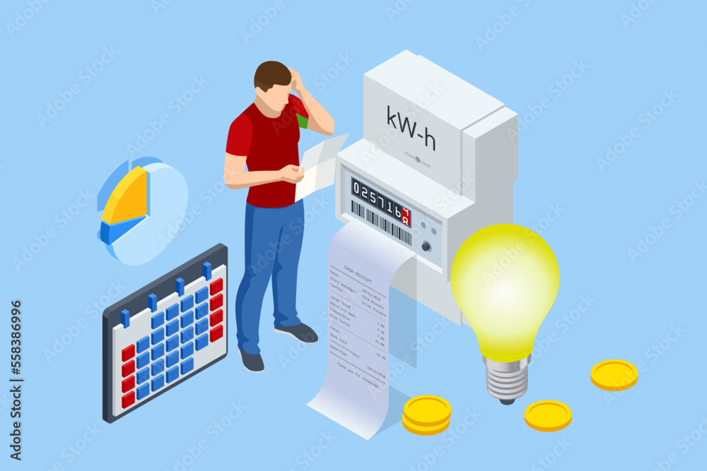 Isometric invoice and electricity meter. Utility bills payment ...