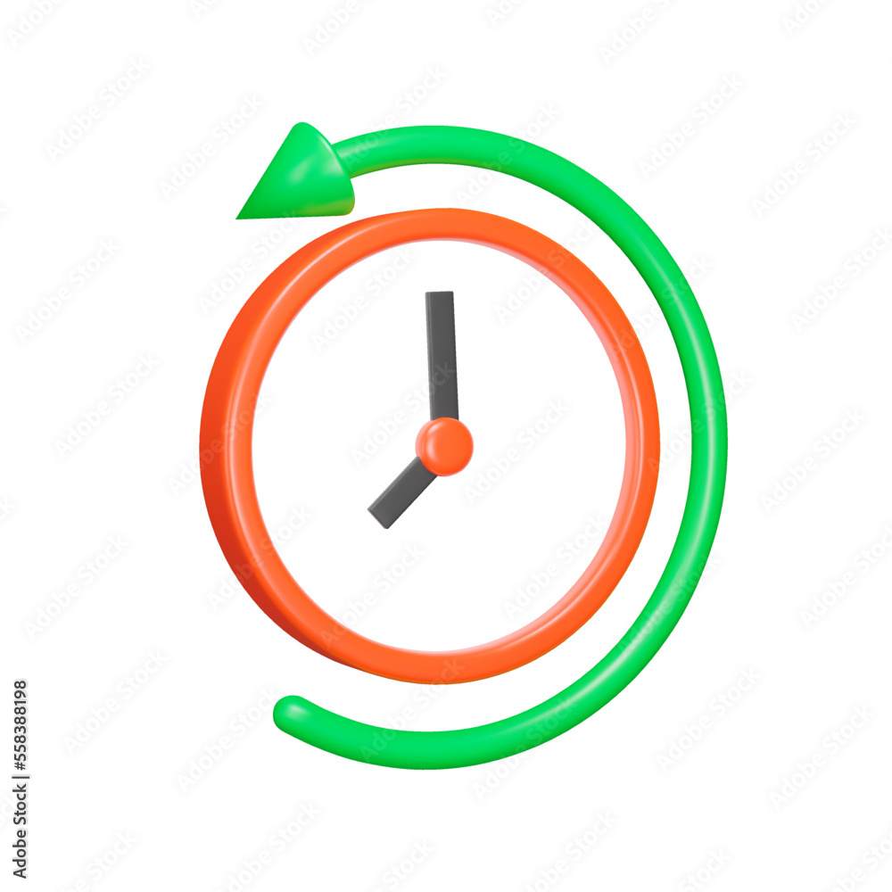 Clock and back hand 3d icon. Time backwards. Rewind time backwards ...