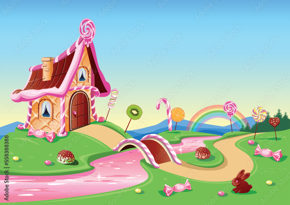 Sweet house with chocolate, waffles and cookies, decorated with sweets ...
