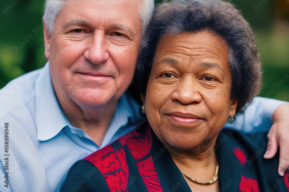 Older happy-looking couple of a white man with a blue shirt and white hair and a black woman ...