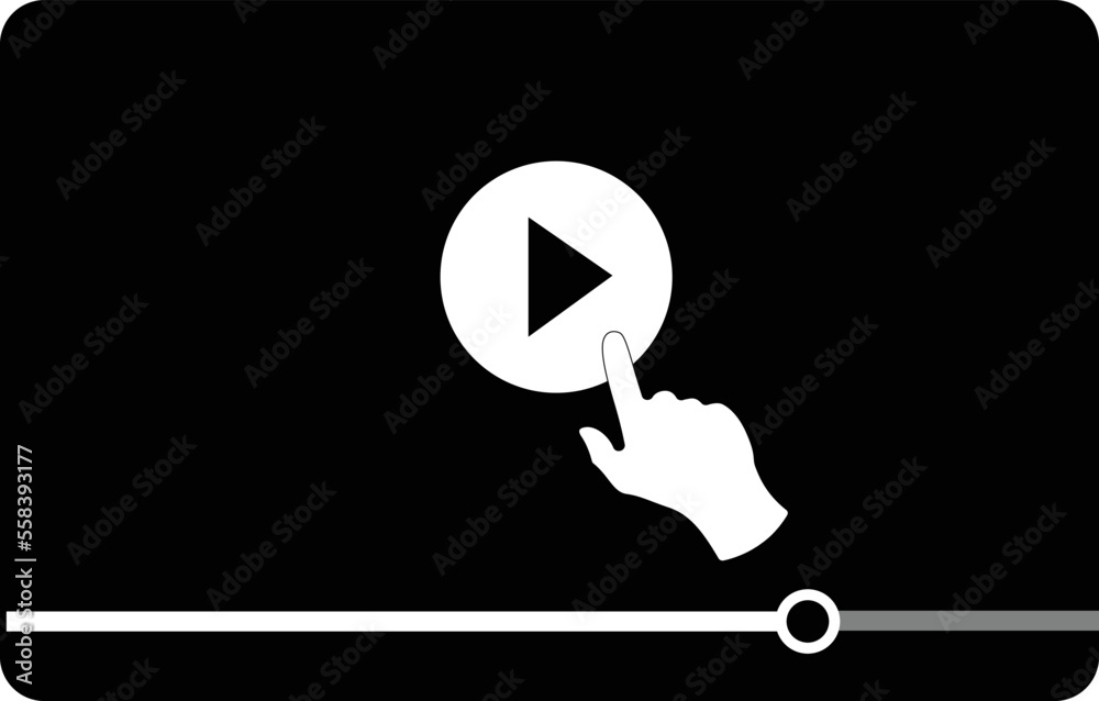 Multimedia video player shape with a hand cursor pressing a play button ...