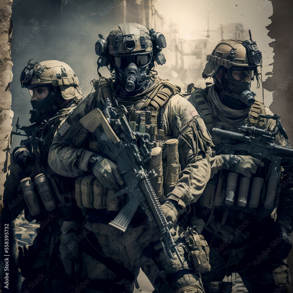 A special forces soldier equipped with a bulletproof vest and an ...