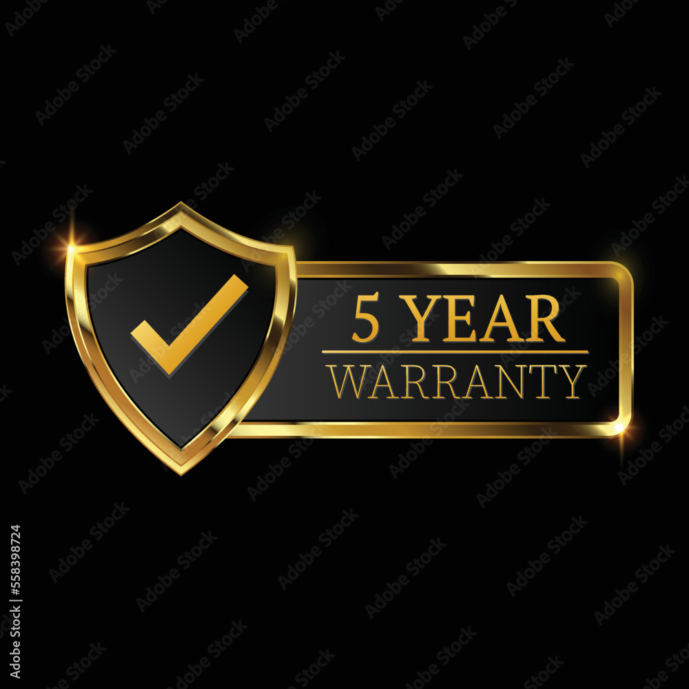 5 year warranty logo with golden shield and golden ribbon.Vector ...