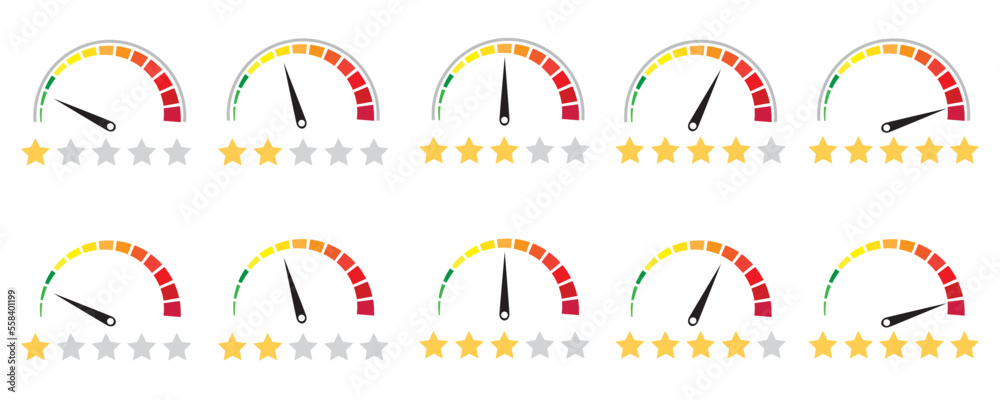 Speedometer, gauge meter icons with stars. Scales, level of performance ...