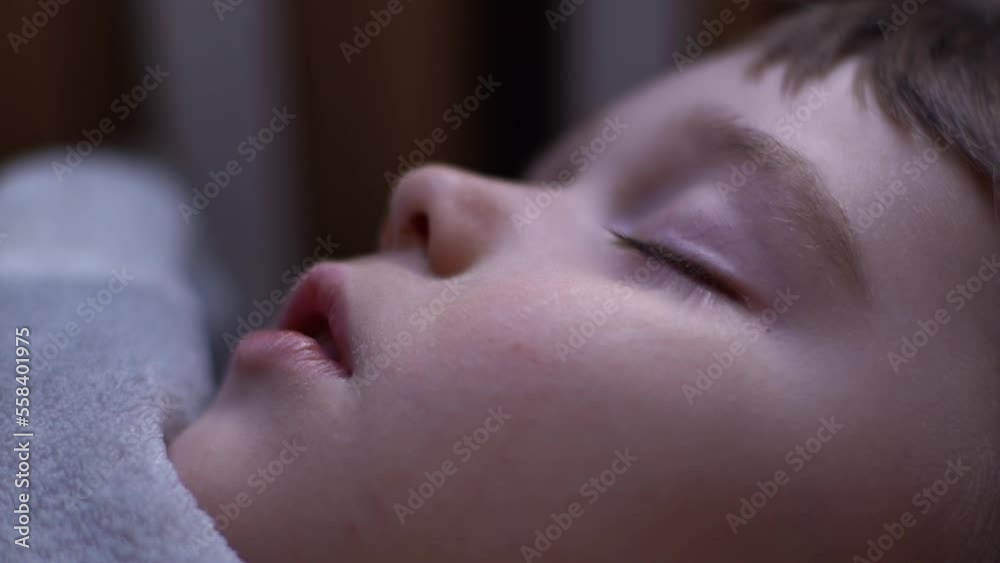 Extreme close-up face of 3-year-old kid boy sleeping with open mouth ...