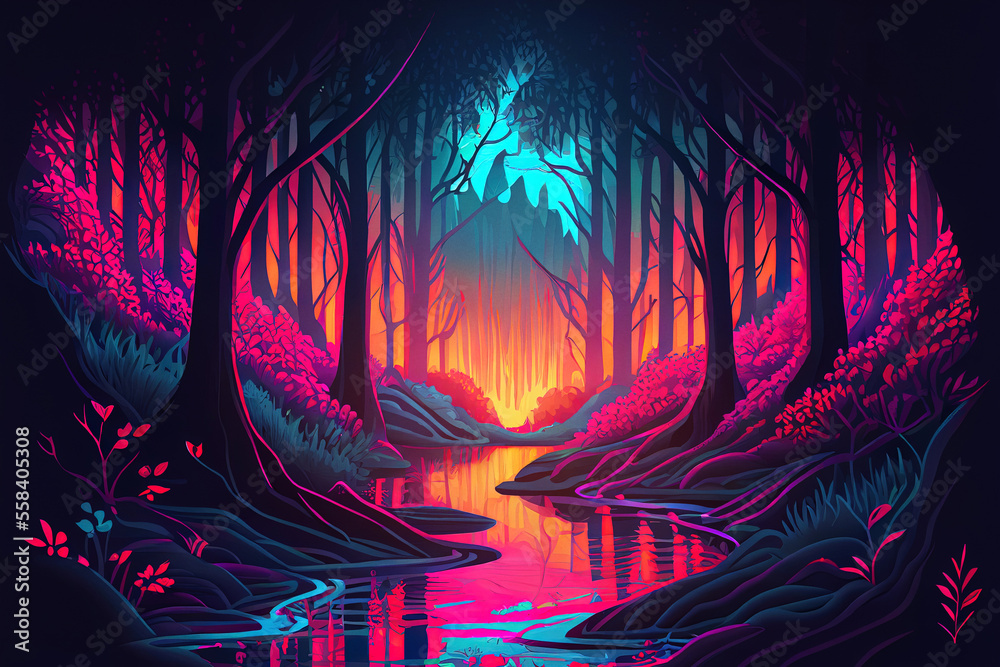 Surreal dreamlike forest landscape with a glowing trees and flowing ...