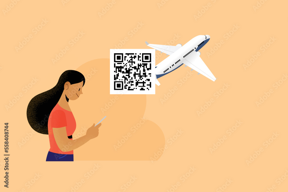Young woman looking at smartphone screen with qr code and airplane in ...
