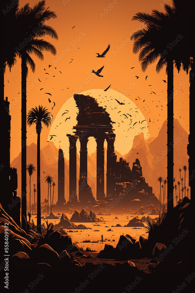 Exotic, ancient ruins of the City of the Sun. The crumbling temples and ...