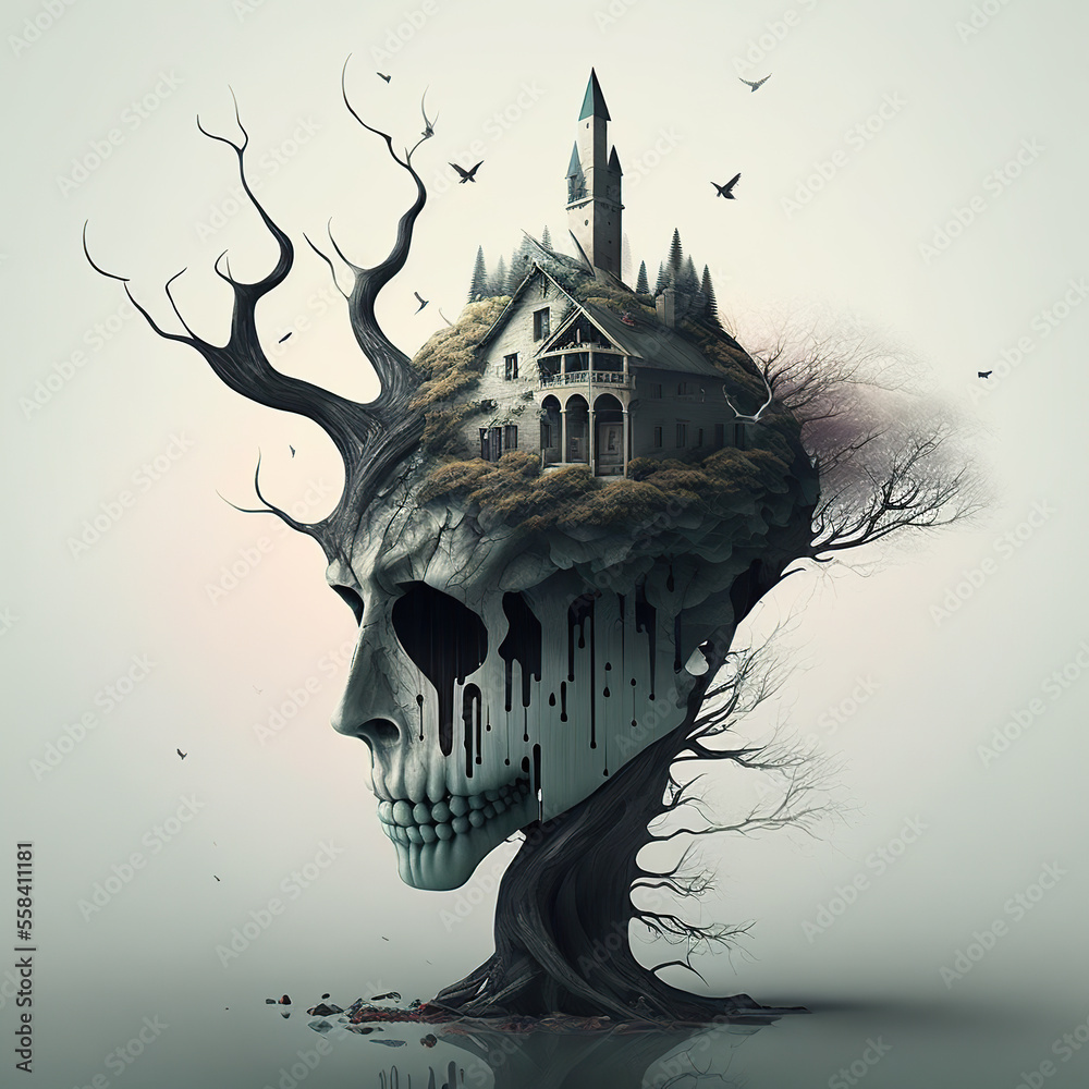 a surrealist illustration of an abandoned mansion over a skull ...