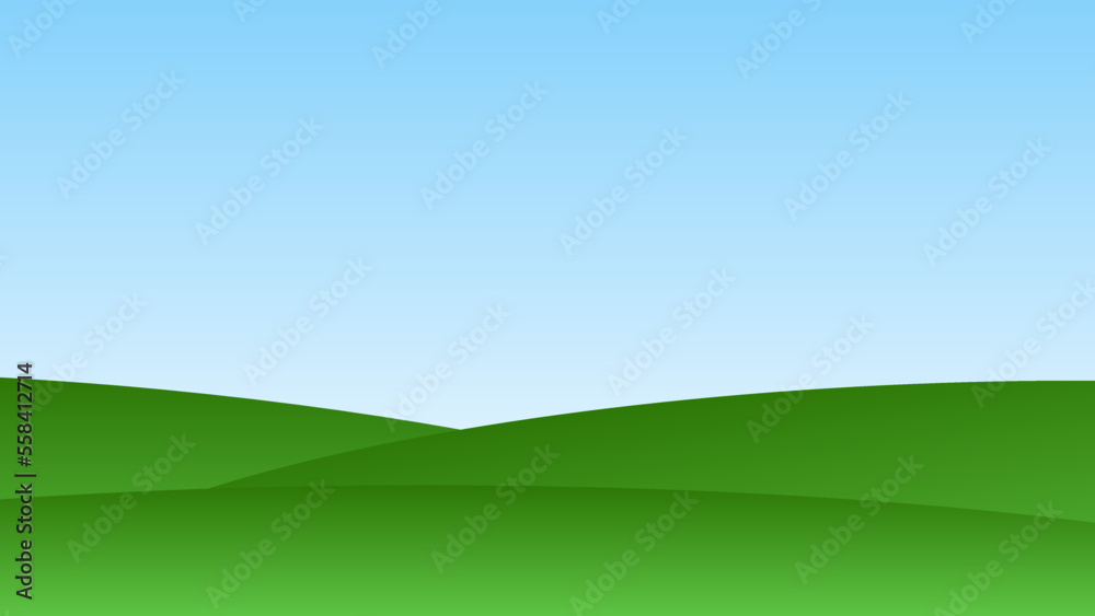 landscape cartoon scene with green hills and clear blue sky background ...