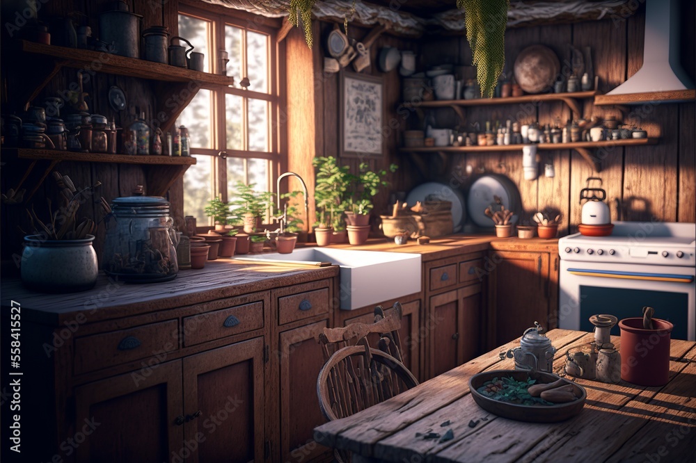 An ultra realistic kitchen with a sink, stove and oven, refrigerator ...