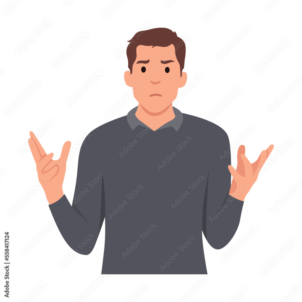 Young man being confused and surrounded by question mark symbols ...