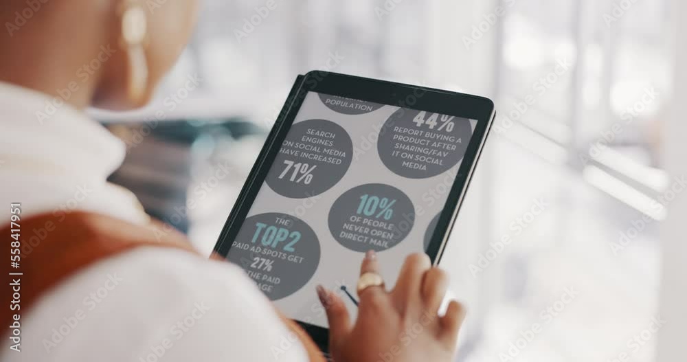 Research data, tablet and woman scroll on ui screen, review user ...