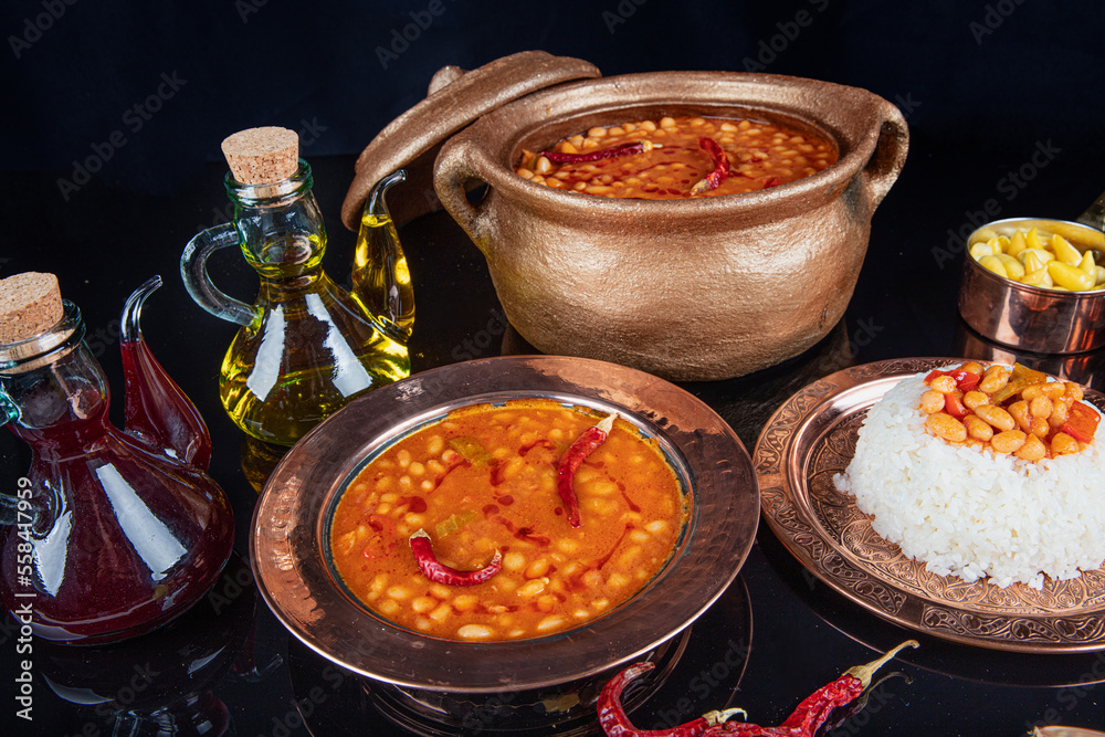 Turkish food on the table Baked bean pilaf (dark blue beans and rice ...