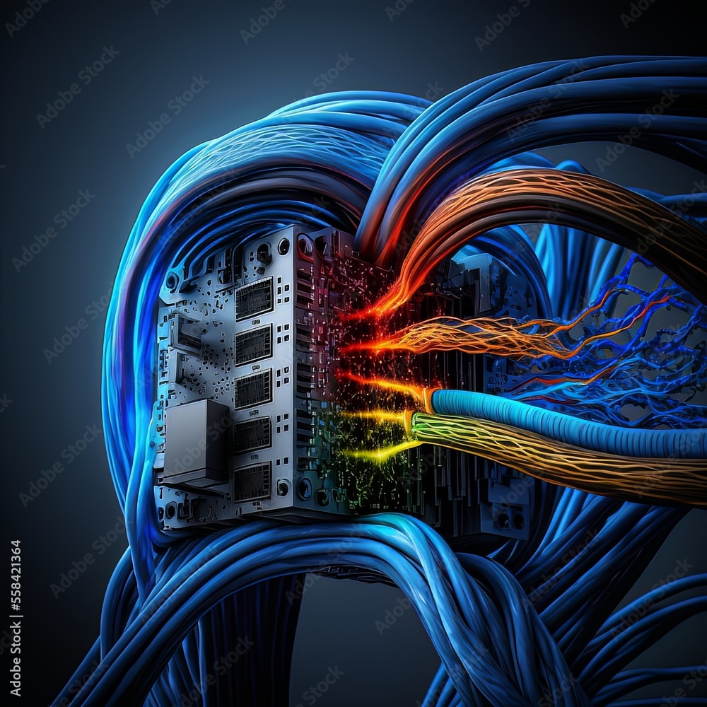Computer generated art of cables connected to the network. Concept for ...