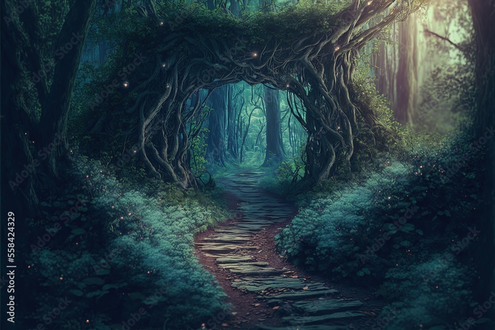 Fairy tale image with fairy forest, tall trees and green grass, and a ...