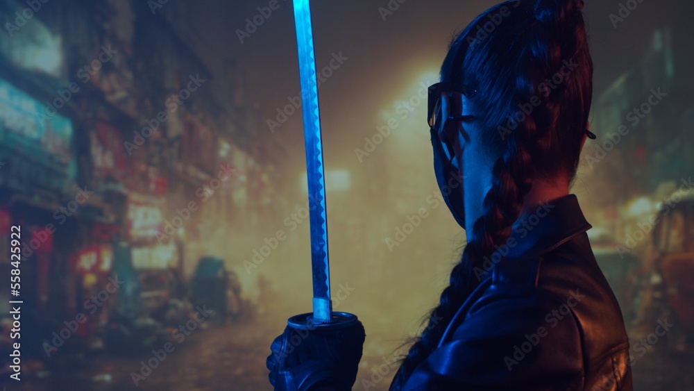 Cyberpunk ninja girl in a mask and with a katana. Beautiful female ...