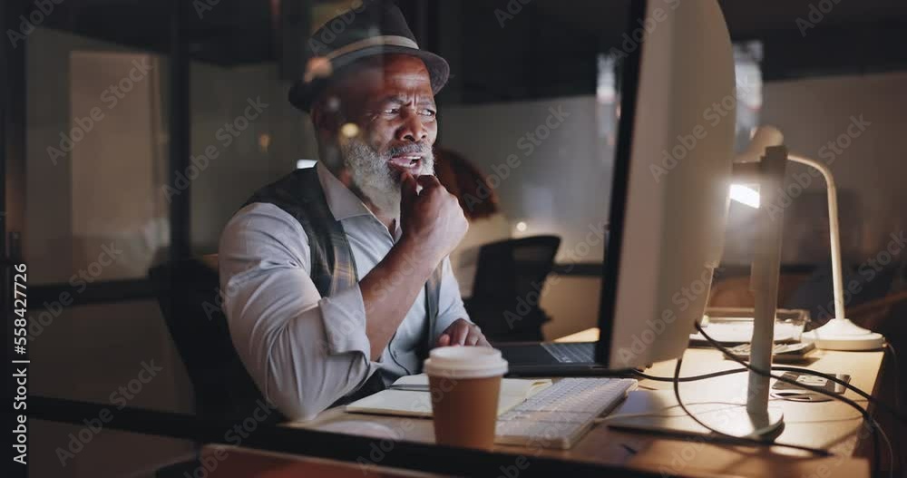 Vídeo do Stock: Business, black man excited and office at night ...