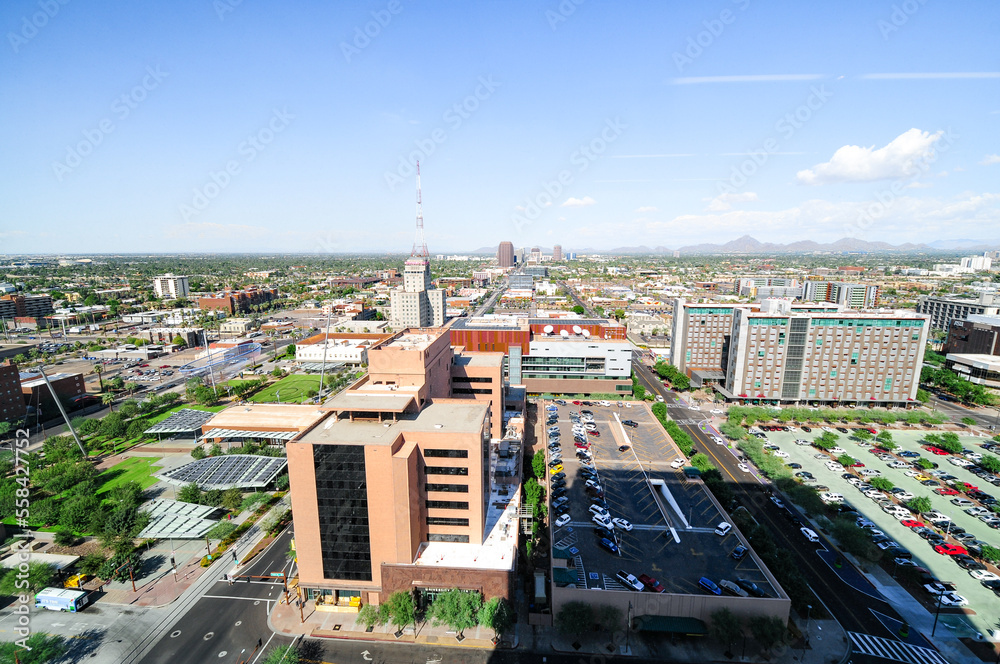 Panoramic aerial northbound view of Downtown Phoenix, Arizona ...