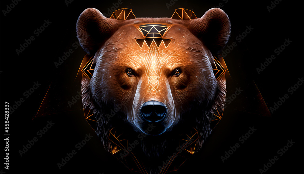 Mystic grizzly bear, geometric decorations and spikes over his fur on a ...