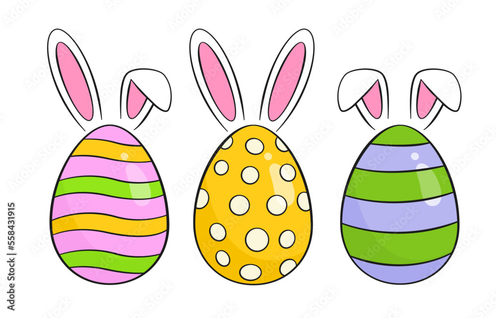 Colorful Easter eggs with bunny ears. Cartoon. Vector illustration ...