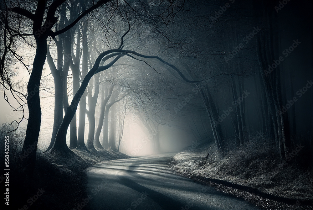 Dark forest in fog with empty road at night in autumn. Generative AI ...