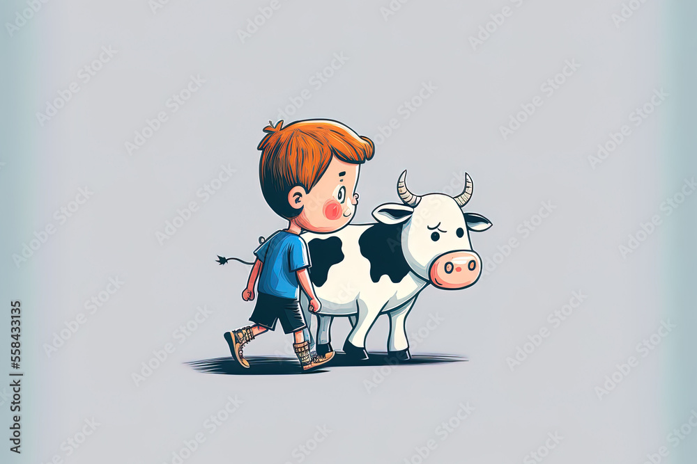 Cute child walking a cow in a cartoon image of a symbol for humans and ...