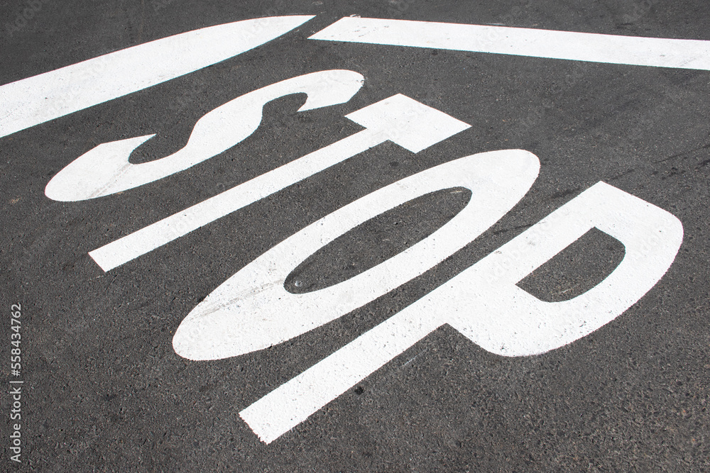 Large stop sign on road near crossing. Background traffic signals. Word ...