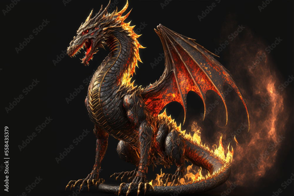 Fire breathes explode from a giant dragon in a black night, the epic ...