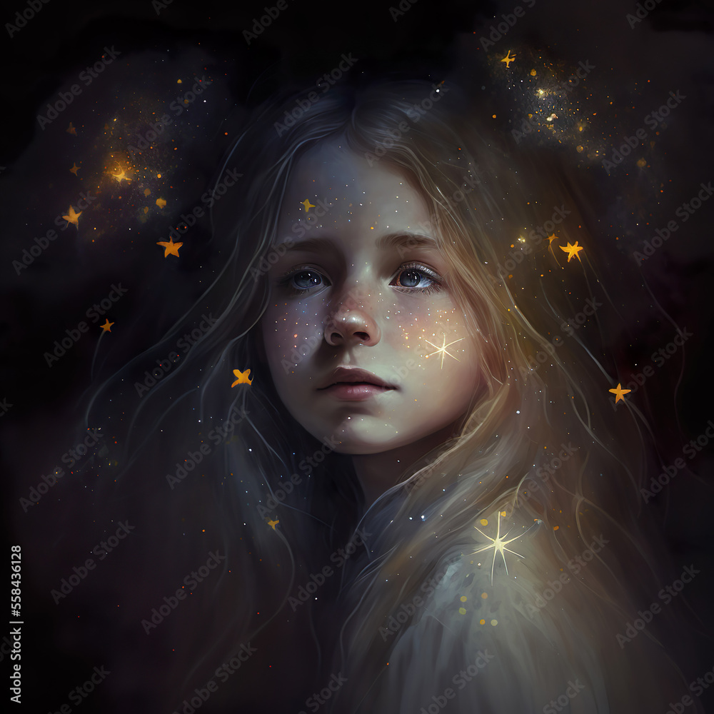 A portrait of a beautiful little girl looking at the stars and ... A portrait of a beautiful little girl looking at the stars and ...