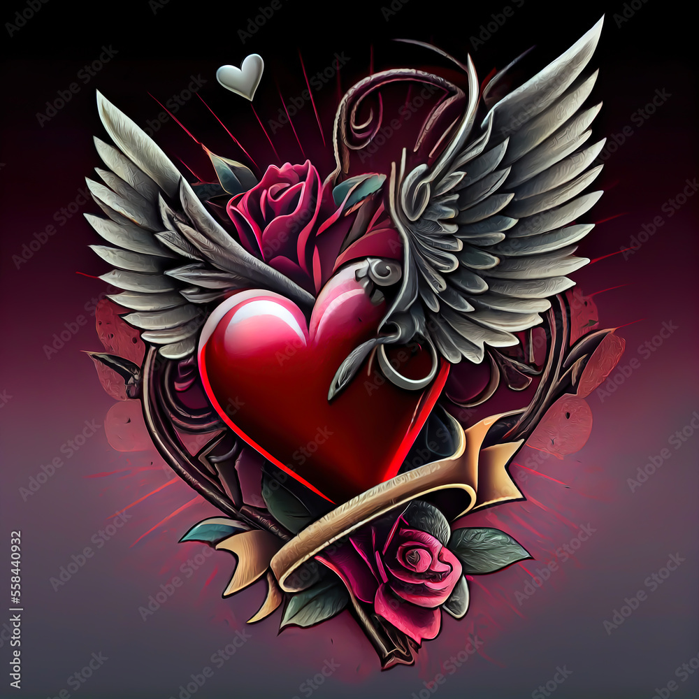 heart with wings and an arrow on a black background, tattoo Stock ...