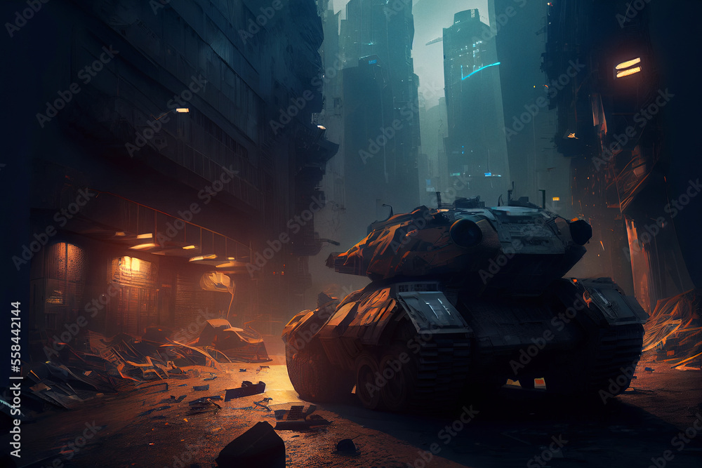 Futuristic battle tank on devastated street with destroyed skyscrapers ...