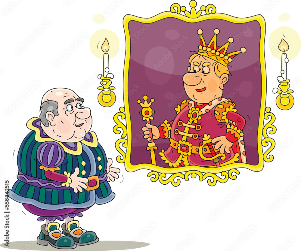 Fat bald-headed government prime minister consulting with a portrait of ...