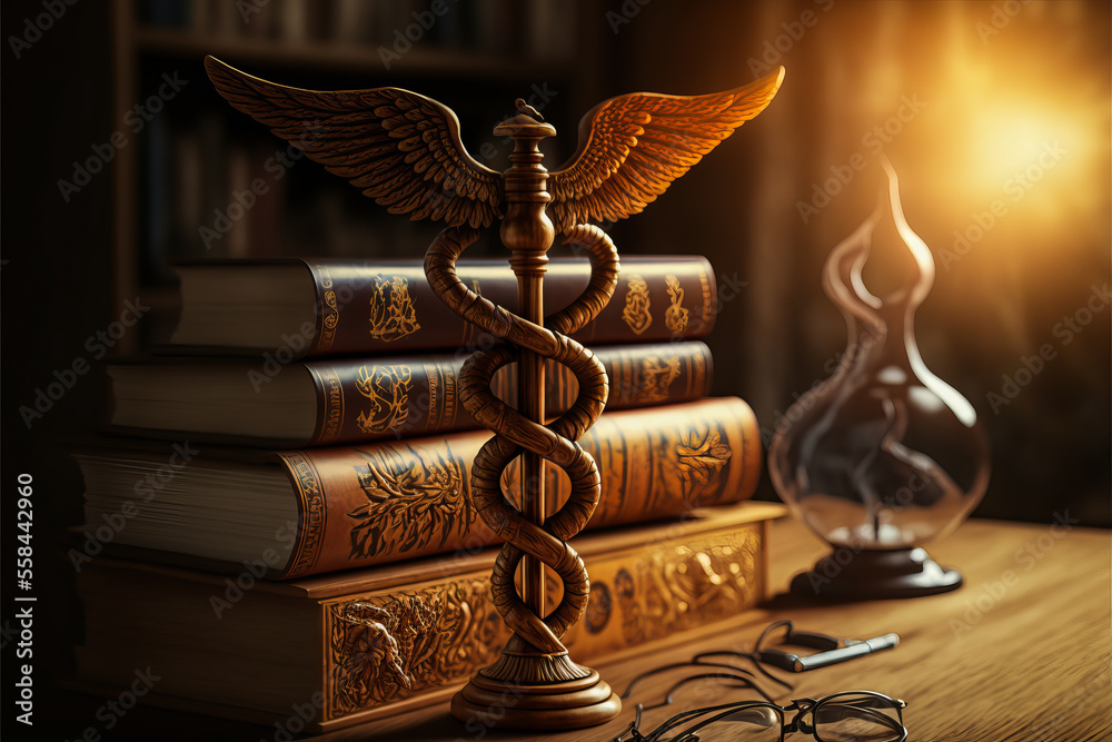 Vintage view of the beautiful and stylized medical caduceus, displayed ...