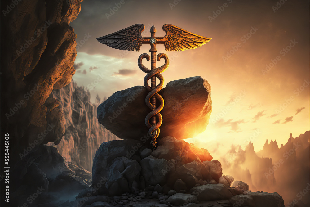 Stylized caduceus against a landscape of mountains, rocks and ...