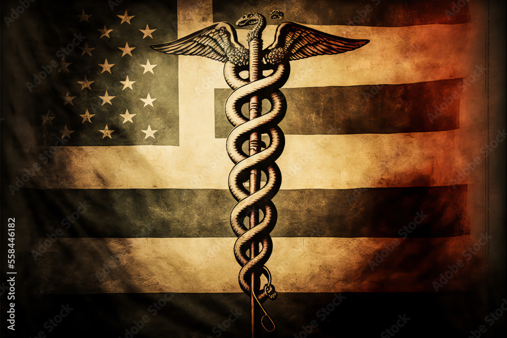 Vintage stylized caduceus versus worn American flag. Illustrates ...