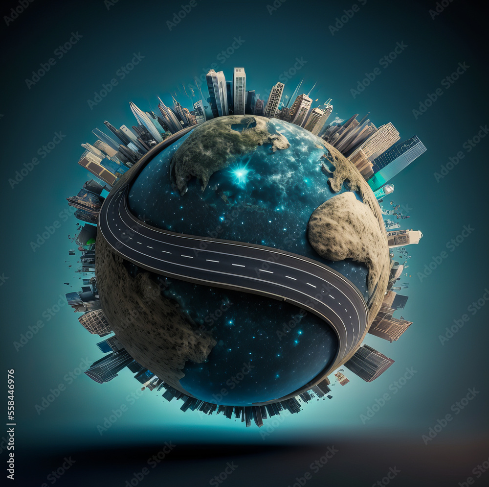 Vue satellite de la ville et de ses gratte-ciel, d'une ligne d'horizon ...