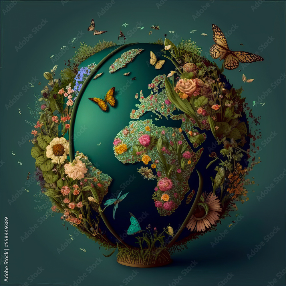 An image representing a planet covered with butterflies, flowers and ...