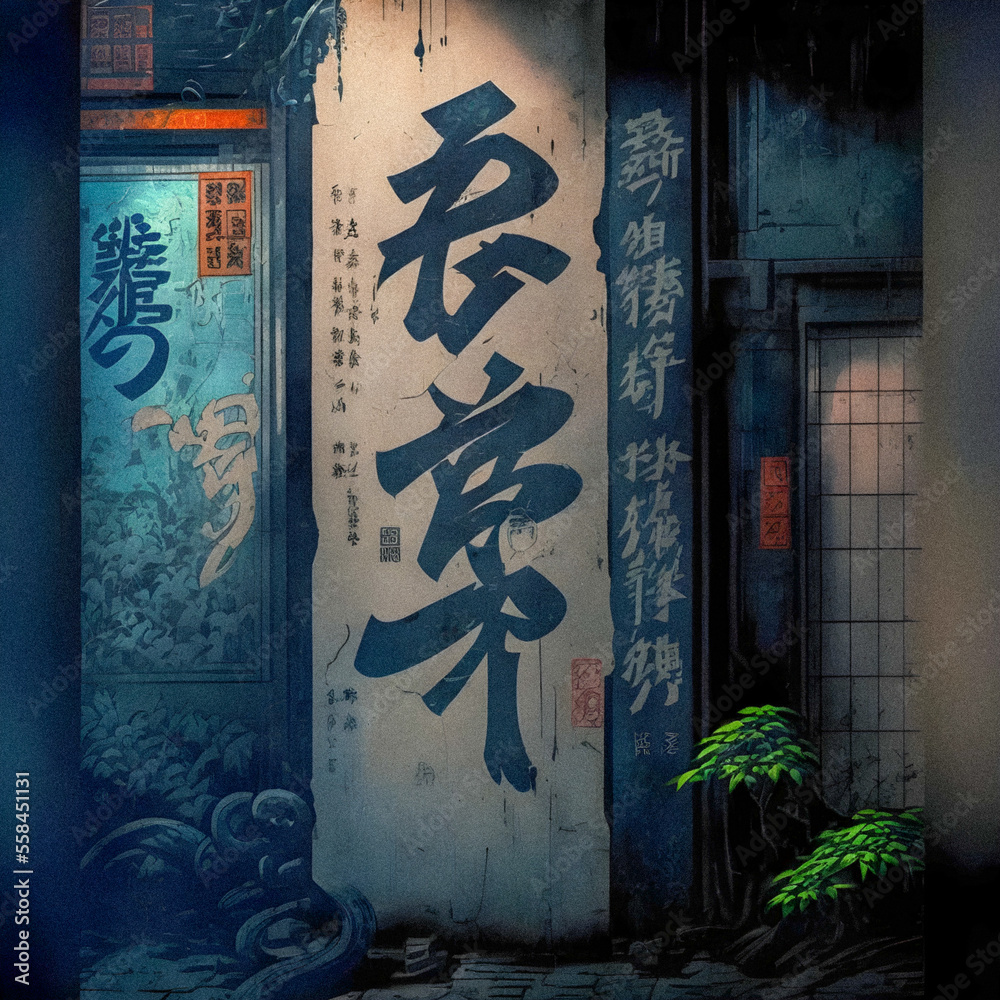 Chinese Graffiti on street wall, illustartion, granular texture ...