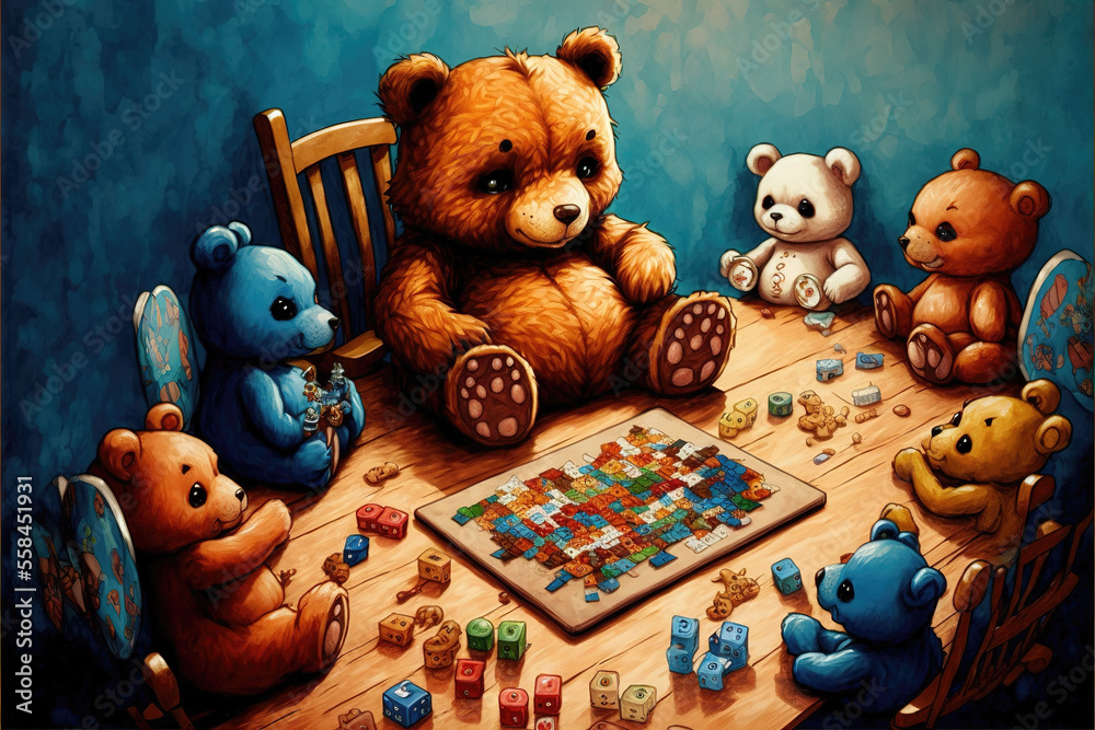 fairytale teddy bears are playing a boardgame together, creative art ...
