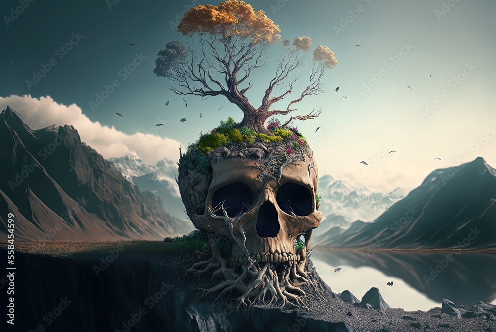 surreal landscape a giant skull with tree and plant grow from top in ...