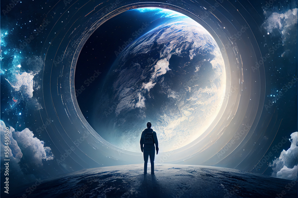 Human looking in infinity space galaxy. Earth background. Stock ...