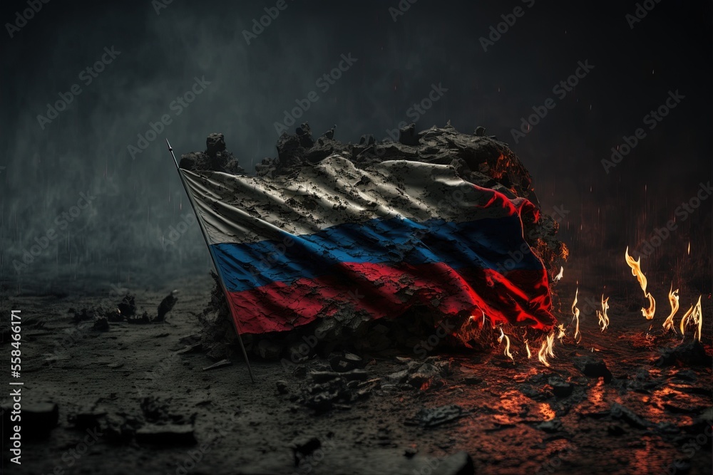 Flag of Russia burning in war, crisis, forest fire, collapse, defeat in ...
