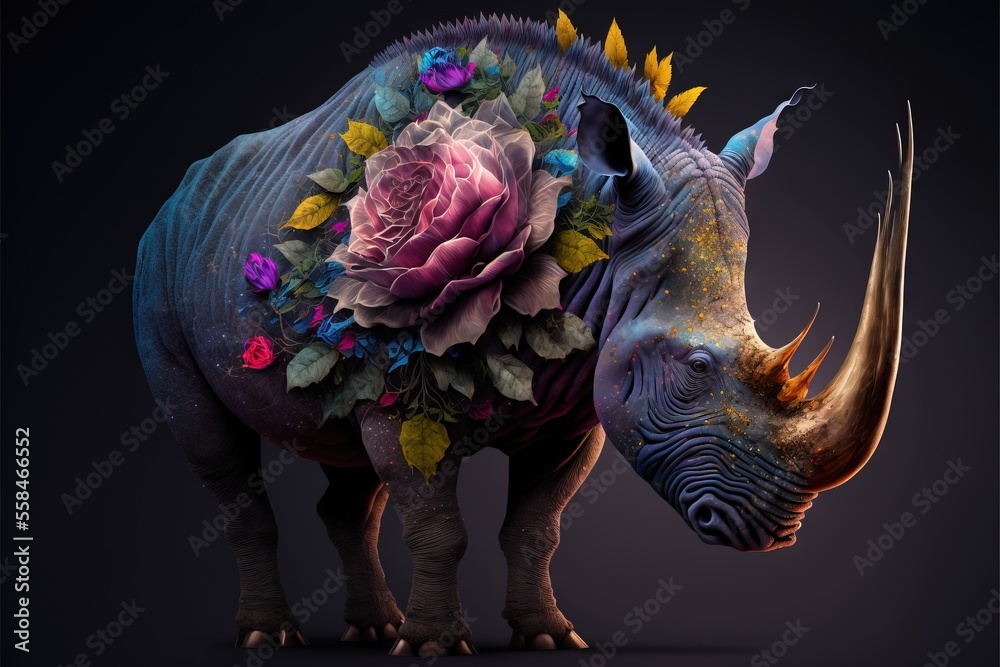a rhino with a flower crown on it's head and a rose on its back ...