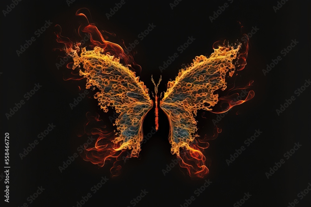 a fire butterfly on a black background with red and yellow flames ...