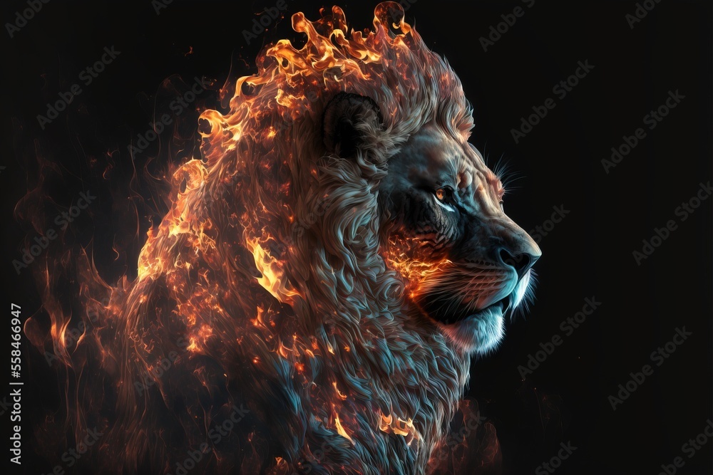 a lion with a lot of fire on its face and body, on a black background ...