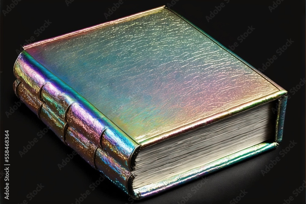 a book with a metallic cover sitting on a table next to a black ...